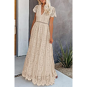 PRETTYGARDEN Women's Floral Lace Maxi Dress 2023 Short Sleeve V Neck Bridesmaid Wedding Evening Party Dresses (Apricot,Medium)