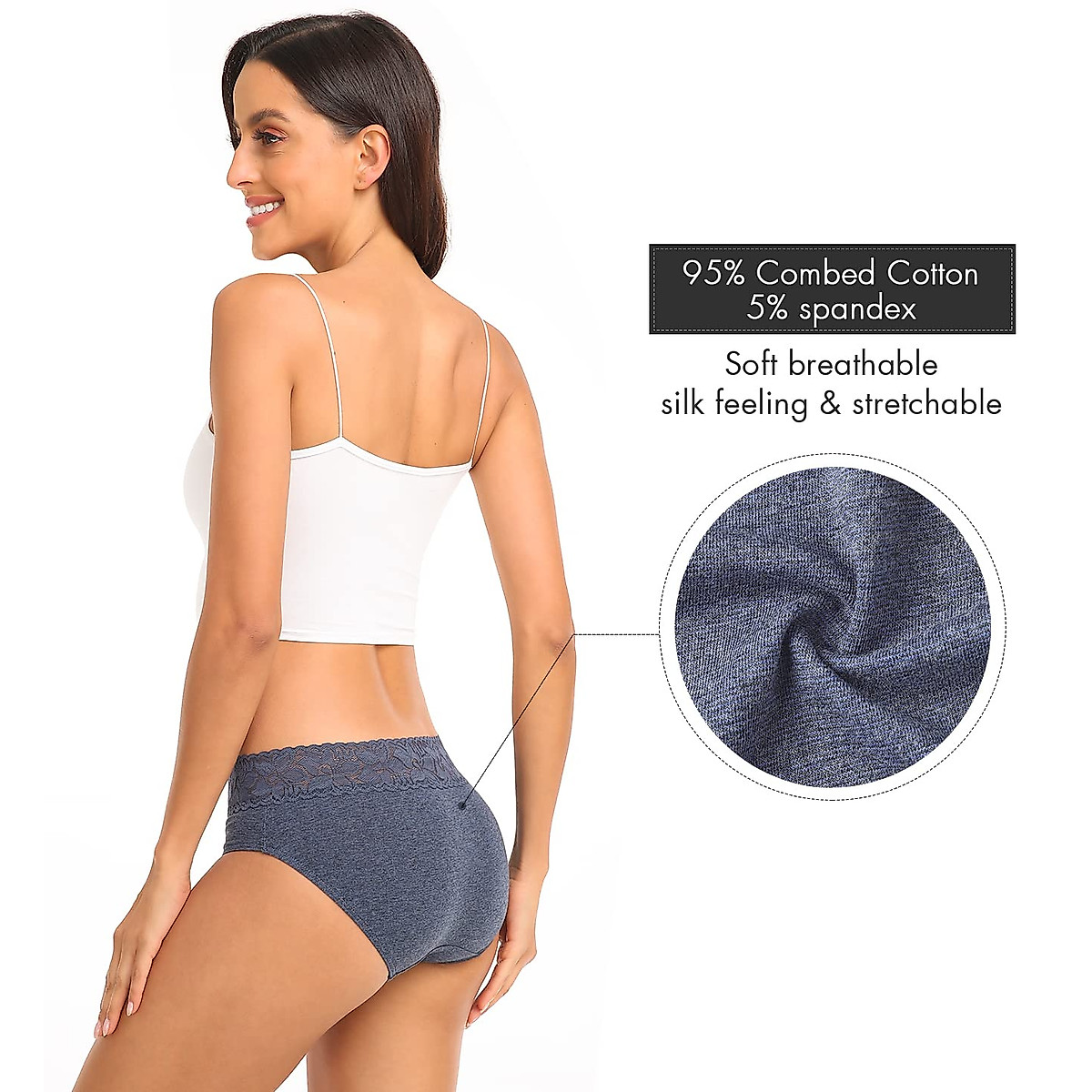 RHYFF Womens Underwear Cotton Lace Panties Soft Bikini Panty Comfortable Hipster Stretch Full Ladies Briefs 5 Pack S-XL(R3020-Dark-L)