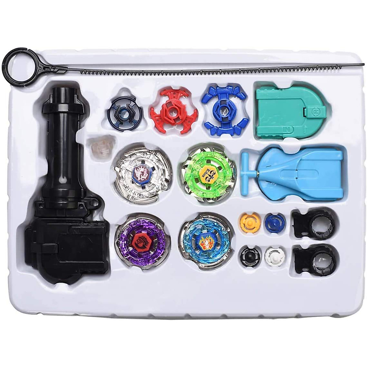 Bey Metal Fusion Blades Burst Turbo Evolution Battling Tops Master Starter Set Storm Pegasus/Flame Libra/Earth Eagle/ Lightning L-Drago with 4D Spinning Launcher Grip,Burst Gyro Toy Set Gift for Boys