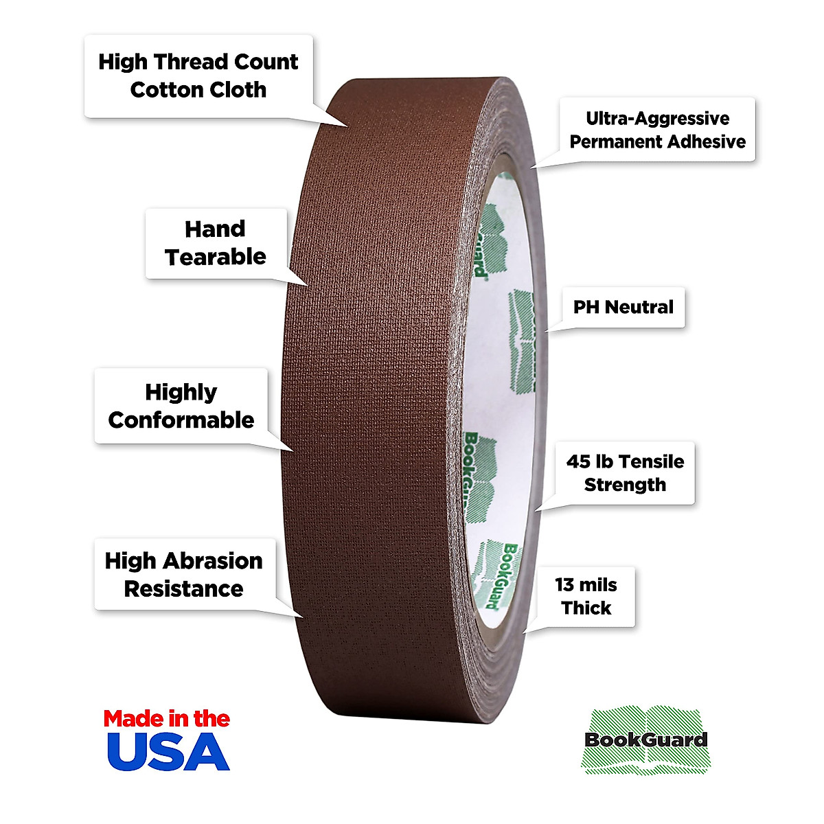BookGuard 1 inch Premium Bookbinding Repair Cloth Tape, 15 Yards per Roll, Brown