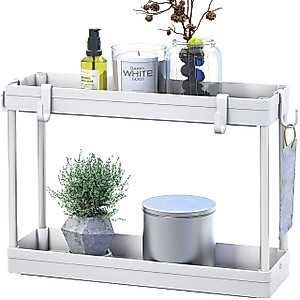 SimpleHouseware 2-Tier Under Sink Organizer Storage Tray with Hooks, White