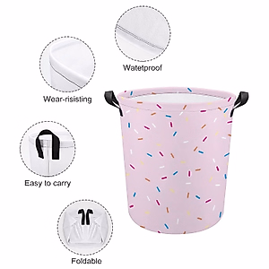Pink Ice Cream Sprinkles Laundry Storage Basket Waterproof Foldable Laundry Hamper with Handles for Baby Nursery College Dorms Kids Bedroom