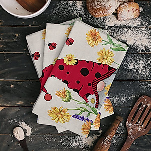 Kitchen Towels Dish Towel Set of 2,Spring Daisy Flower Ladybug Gnome Green Leaves Absorbent Hand Towels Cleaning Dishcloth Tea Towels,Watercolor Garden Floral on Linen Reusable Drying Dish Cloths