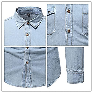 Mens Denim Shirts Vintage Long Sleeve Soft Cotton Pocket Button Up Jeans Shirt Streetwear C214-Light Blue 3XL