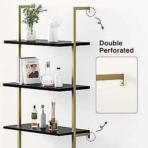 Ladder Bookshelf with Cabinet, 71" Tall Wall Mounted Bookcase with Shelves & Storage, Fluted Ladder Shelf with Metal Frame, 5-Tier Display Rack for Living Room, Home & Office, Bedroom, Black & Gold