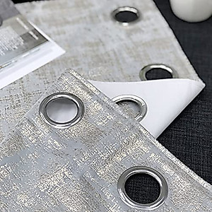 always4u 100% Blackout Soft Velvet Curtains for Bedroom Living Room Thermal Energy Saving 63 Inches Long Luxury Gold Foil Print Drapes 2 Panels Silver