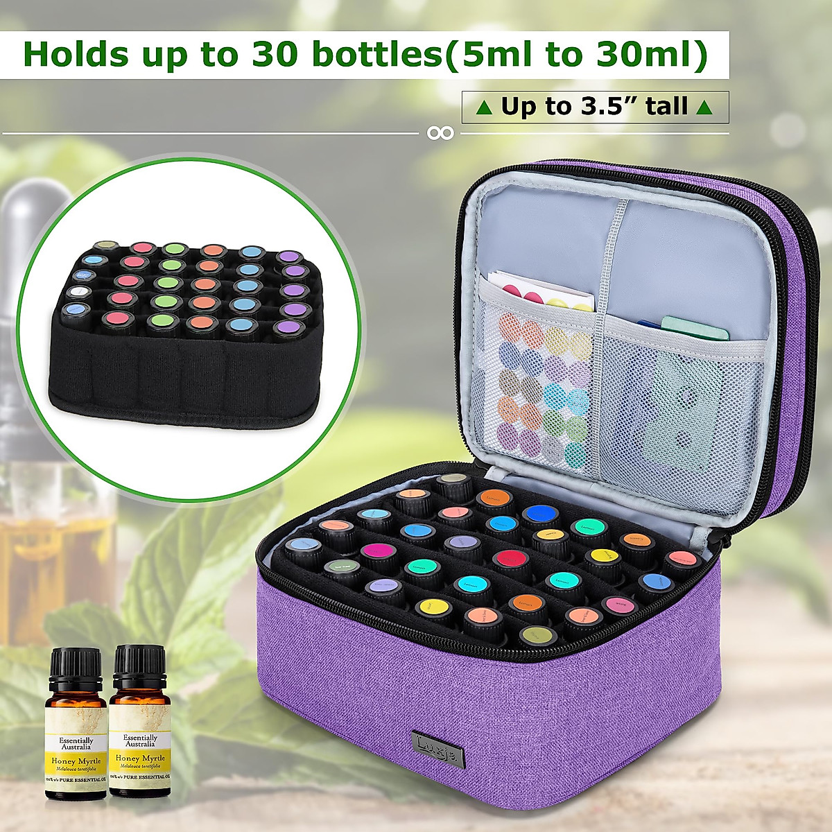 LUXJA Essential Oil Carrying Case - Holds 30 Bottles (5ml-30ml, Also Fits for Roller Bottles), Double-Layer Organizer for Essential Oil and Accessories, Purple (Bag Only)