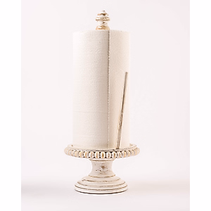Mud Pie 47100002 Farmhouse Washed Beaded Wood Pedestal Paper Towel Holder, 16" x 6" Dia, White, Grey