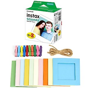 Fujifilm instax Square Instant Film + Hanging Photo Frames for Square Film Assorted Colors – Deluxe Accessory Bundle (20 Exposures)