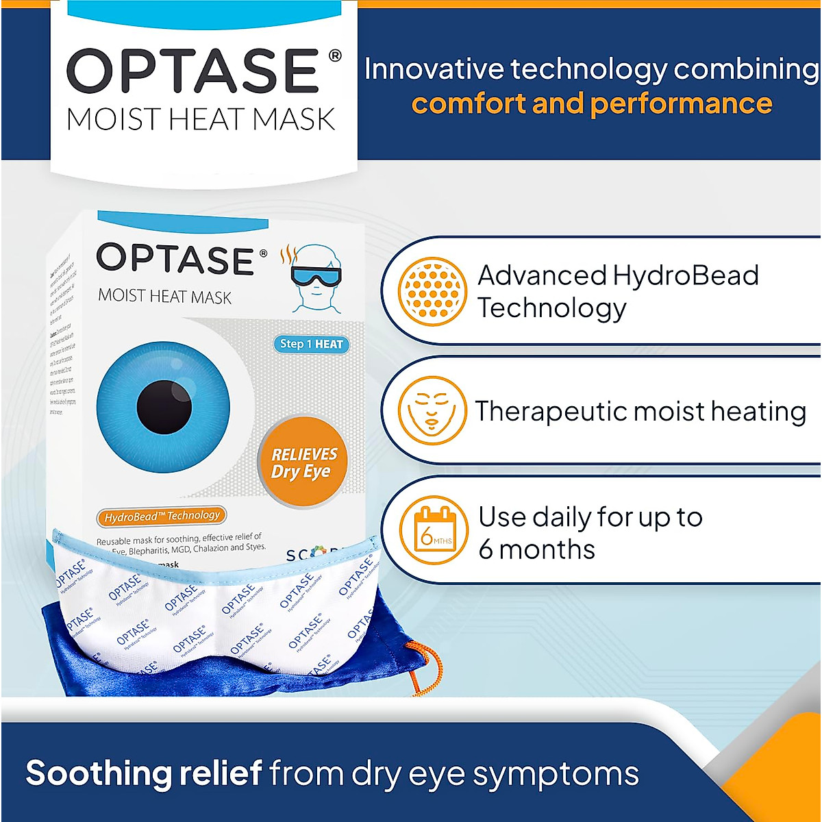 Optase Moist Heat Mask – Heated Eye Mask for Dry Eyes With HydroBead Technology – Washable, Microwaveable Compress – Holds Heat for 10 Minutes