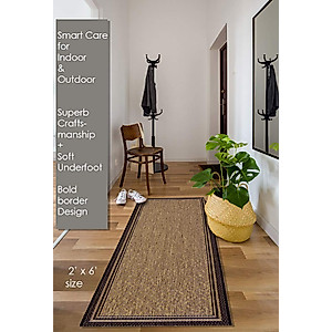 Gertmenian Indoor Outdoor Classic Flatweave Area Rug, Stain & UV Resistant Carpet, Deck, Patio, Poolside & Mudroom, 2x6 Ft Runner, Simple Border, Black Tan, 22013