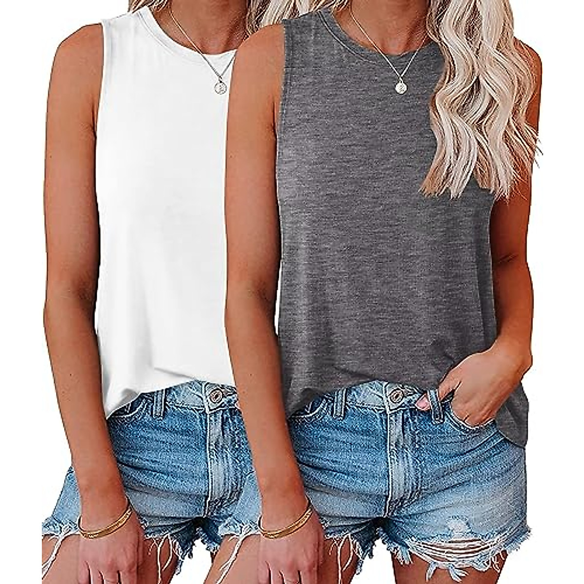 KKJ 2 Pack Womens Tank Tops Crew Neck Sleeveless Summer Cute Tops Loose Fit Basic Workout Casual Shirts 2024 Fashion Clothes