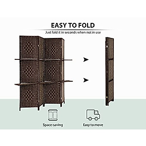 4 Panel Room Dividers and Folding Privacy Screens, 71 Inch High Hand-Woven Design Room Divider Folding Wall Dividers with Shelves, Portable Partition Screen for Room,Freestanding Room Separator, Brown