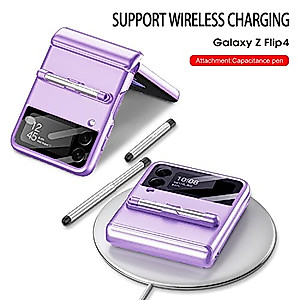 COCOING Case For for Samsung Galaxy Z Flip 4 2022 with Stylus Fashion Business Phone case,with Hinge Protection Device and Camera Screen Protector (Purple)