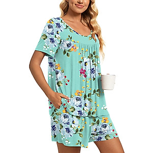 TAOHUADAO Womens Summer 2 Piece Pajama Sets, Short Sleeve Pleated Tunic Tops with Comfy Shorts, Lounge Sleepwear Ladies Pjs Sets with Pockets 2XL, Mint Green
