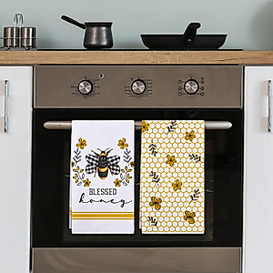 AnyDesign 4 Pcs Honey Bee Kitchen Dish Towel Summer Bumblebee Hand Towels Honeycomb Dishcloth Sweet As Honey Tea Towel Farmhouse Bee Themed Decor Drying Towel for Bathroom Kitchen Cooking, 18 x 28 in