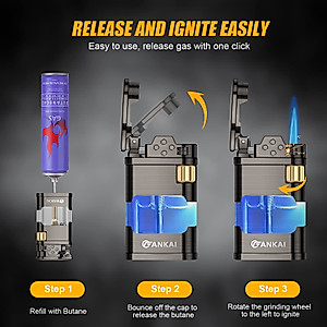 Torch Lighter with LED Light,FANKAI Butane Lighter Single Jet Flame-Butane Torch Lighter with 6PCS Replaceable Flints,Refillable Cool Lighters with ABS Fuel Tank,Retro Grinding Wheel Windproof Lighter