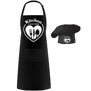 Hyzrz Chef Apron Hat Set,Kitchen Is The Heart of Home,Chef Hat and Apron Adjustable Baker Costume with Pocket Dad Apron for Kitchen Grill BBQ Men and Women Father's Gift (Black)