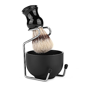 Aethland Shaving Brush Set for Men, 4 in 1 Include 100g Shaving soap, Badger Shaving Brush and Stainless Steel Shaving Stand & Shaving Bowl for Husband Father Birthday Boyfriend Gifts（B Black)