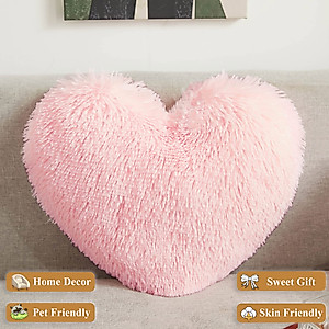 XeGe Cute Double-Sided Faux Fur Heart Pillow, Plush Shaggy Decorative Throw Pillow, 15"x17" Cozy Fluffy Heart Shaped Pillow with Insert, Furry Accent Pillow for Girls/Women/Kids/Children Gift, Pink