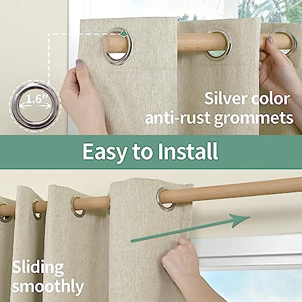 QUEMAS 100% Blackout Curtains for Bedroom Linen Look with White Backing, Grommet Total Light Blocking Thermal Insulated Boho Window Curtains for Living Room Noise Cancelling (52 x 72 Inch, Linen)