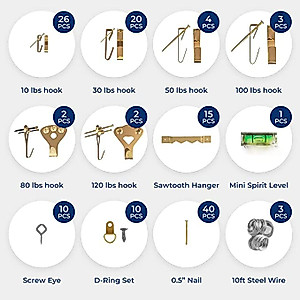 Pickily 225 Piece Picture Hanging Kit Photo Hangers Includes Nails Wire, Screw Eyes Sawtooth Hook for Wall Art Mounting Mini-Gradient Level Heavy Duty Hardwire for Home Office Use Hanger Supplies