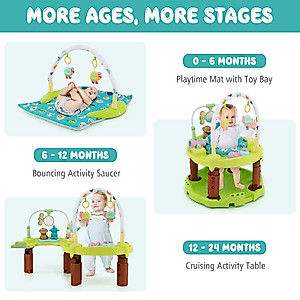 BABY JOY Baby Bouncer Activity Center, 3 in 1 Activity Center & Table | Infant Play Mat, Bouncing Activity Saucer w/Music, 3 Adjustable Height, 360° Seat, Exersaucer for Babies 0-24 Months (Green)