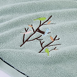 Pidada Hand Towels Set of 2 Embroidered Bird Tree Pattern 100% Cotton Absorbent Soft Decorative Towel for Bathroom 13.8 x 29.5 Inch (Aqua Green)