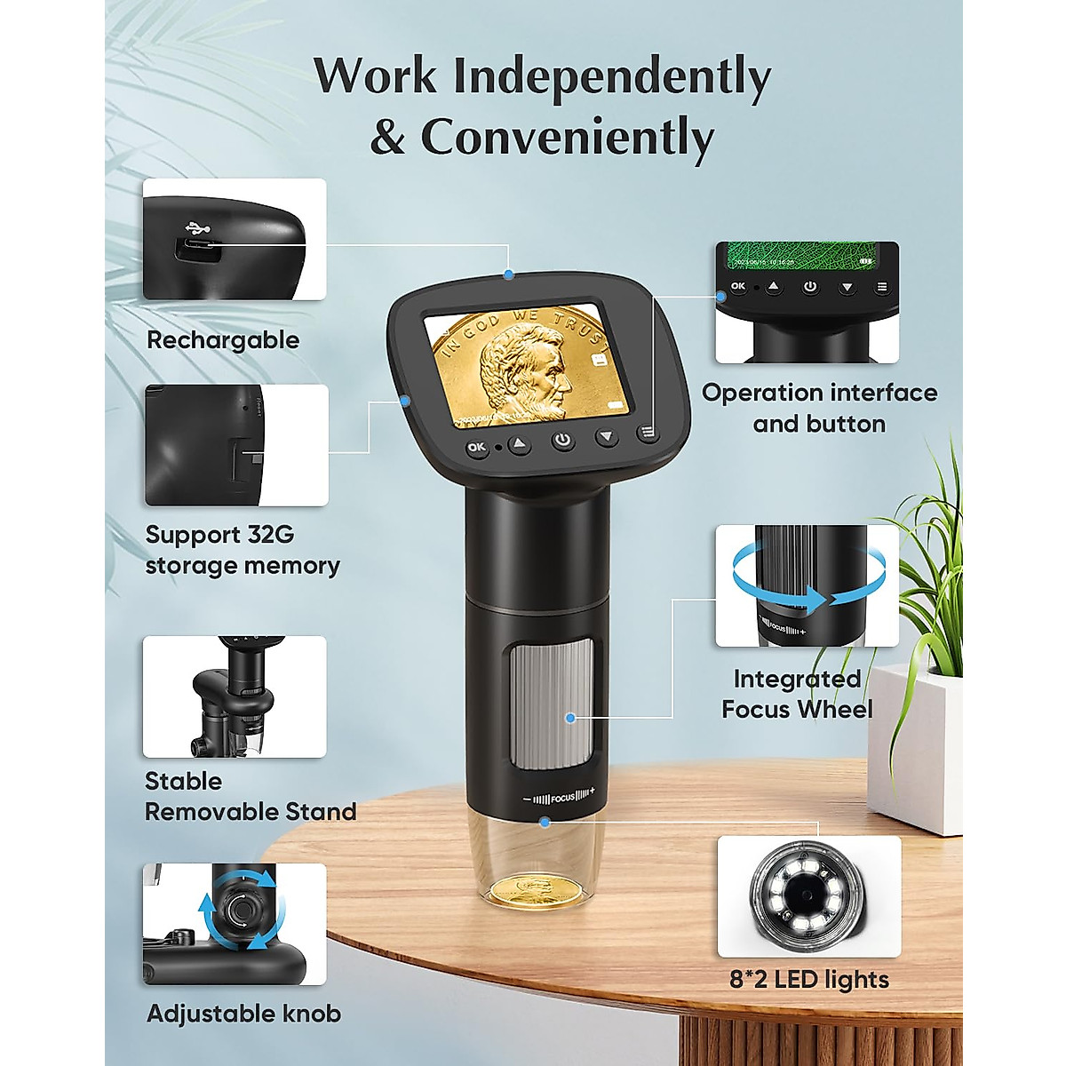 Sagefidere Handheld Digital Microscope with 2" LCD Screen,1000X Pocket Microscope for Kids with 8 LED Lights,Portable Microscope for Adults with Stand 32GB Memory Card