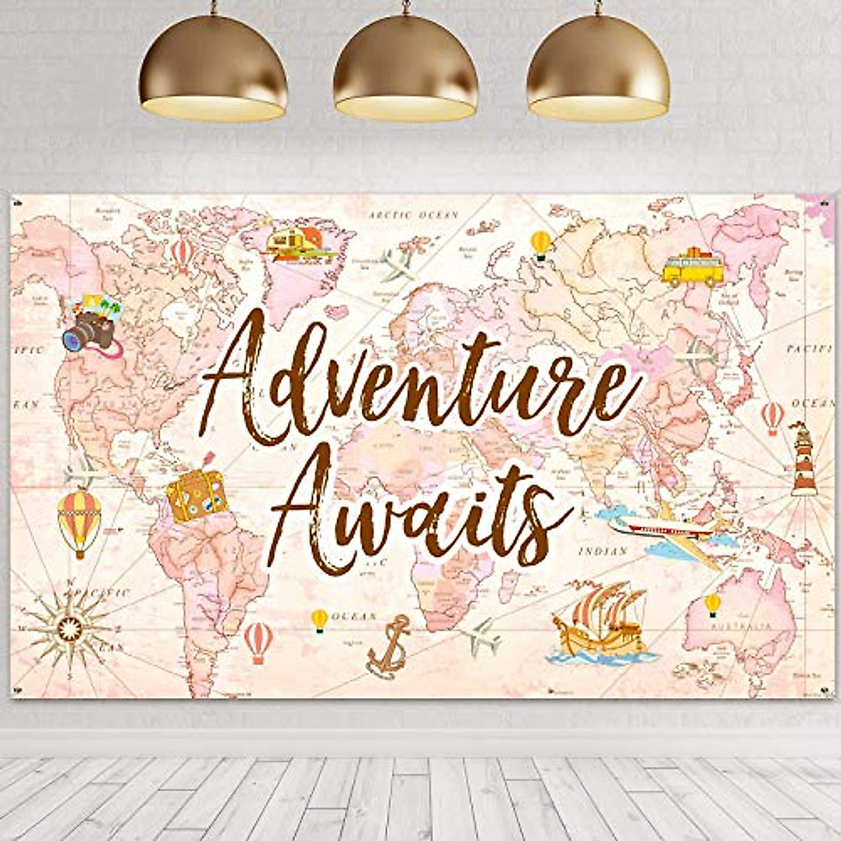 Travel Themed Party Decorations Supplies Adventure Awaits Bon Voyage Backdrop Adventure Map Backdrop for Graduation Birthday Party Baby Shower Photo Booth Pink, 70.8 x 43.3 Inch