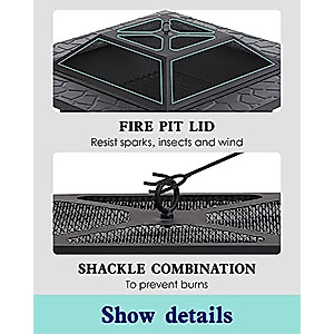 Fire Pit 32in Square Metal Firepit Patio BBQ Fireplace with Charcoal Rack Mesh Cover Poker for Camping Bonfire Picnic Outdoor Heating