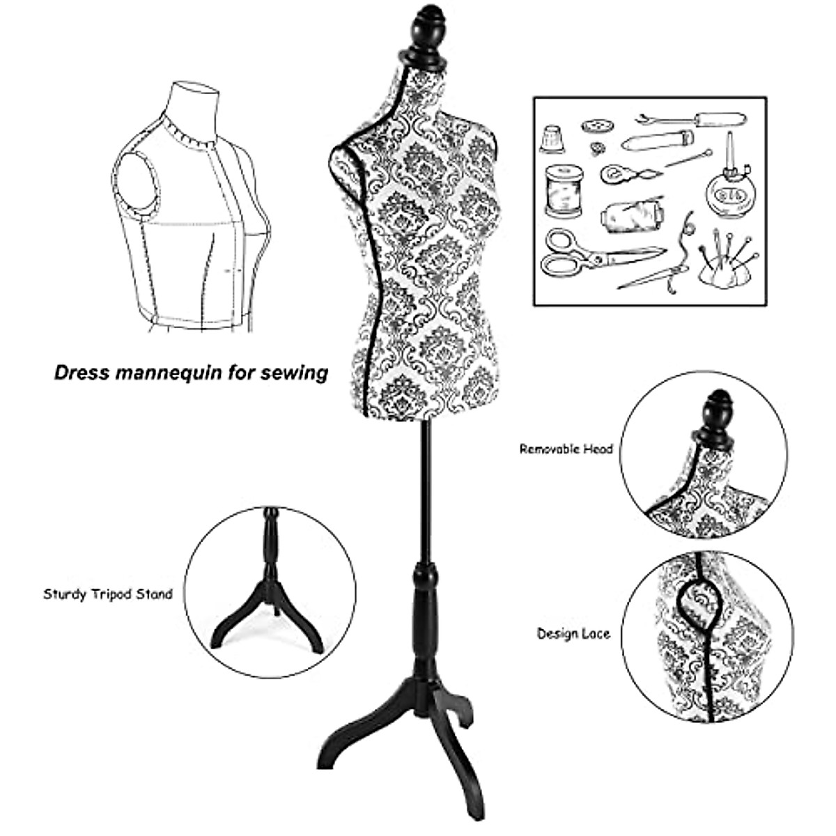 HAORUI Mannequin Torso Female Dress Form Pinnable Mannequin Body for Display with Height Adjustable Sturdy Tripod Stand , Black Flower