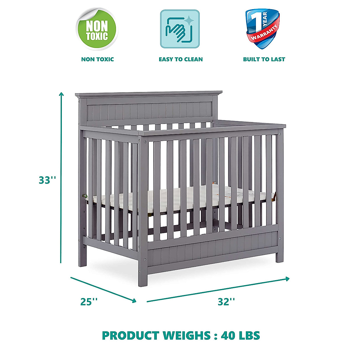 Dream On Me Harbor 4-in-1 Convertible Mini Crib in Storm Grey, Greenguard Gold Certified