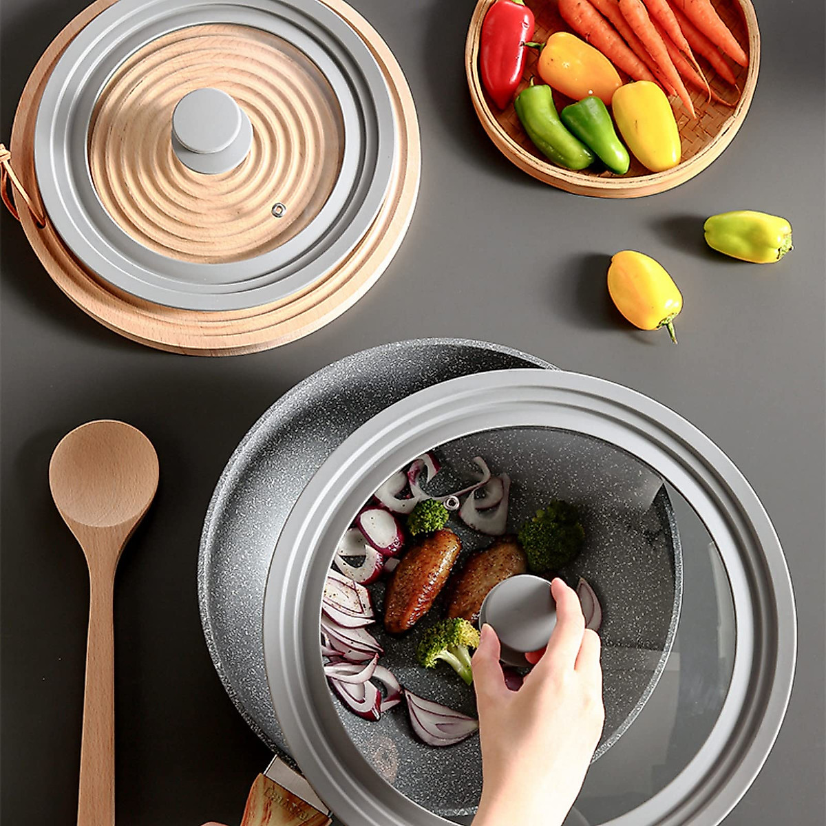 J&C LIFE Universal Lids for Pots, Pans & Skillets (2PCs, Grey) Fits 7-8.5, 10-12 Inch Frying Pan Skillet, Glass Pan Lids with Heat Resistant Silicone Rim, Pan Cover for Cast Iron Skillet Cookware