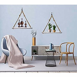 Wood Rope Hanging Floating Shelves Set of 2, Hanging Shelves for Wall Decor, Window Rope Wood Hanging Plant Shelf, Wall Hanging Rope Shelves for Living Room, Bedroom, Bathroom and Kitchen ( White)