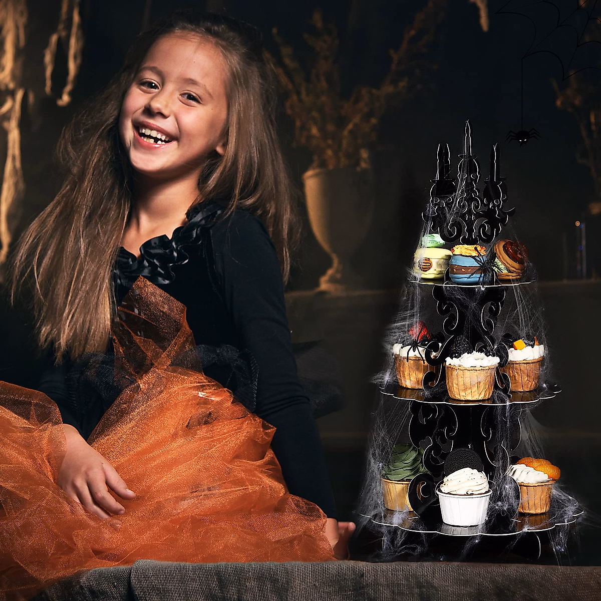 Halloween Cupcake Stand 3-Tier Halloween Gothic Cardboard Cupcake Holder Haunted Skull Candelabra Cupcake Tower Decor with 20g Spider Web Stretchable Cobweb for Halloween Party Supplies Decoration