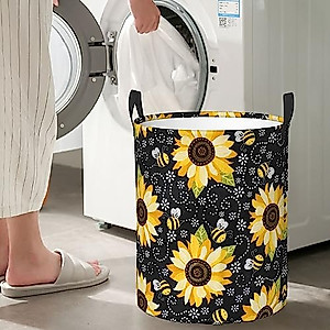 Sunflower Bees Printed Round Laundry Hamper,Collapsible Clothes Hamper Storage With Handle,Canvas Fabric Waterproof Storage Bin