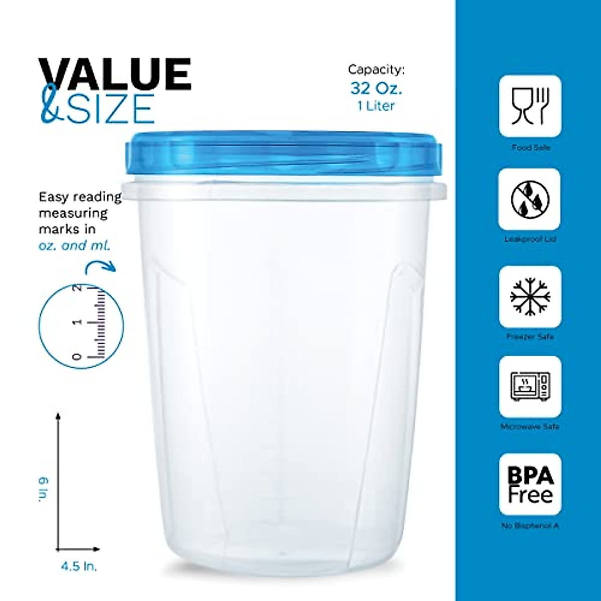 Tafura Freezer Containers for Food with Twist Top Lids [32 Oz - 10 Pack] Reusable Plastic Soup Containers with Screw On Lids | Freezer Containers for Food Storage with Cover | Leakproof, BPA Free