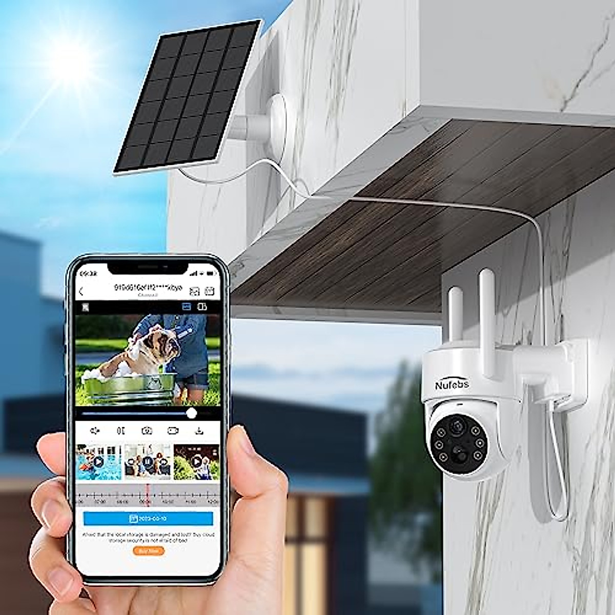 NUFEBS Security Camera 2K/4MP Wireless Outdoor with Solar Panel 355°PTZ 2.4G WiFi Waterproof Surveillance Motion Dection Spotlight/Siren, Color Night Vision，2 Way Audio，SD Card Slot/Clound (White)