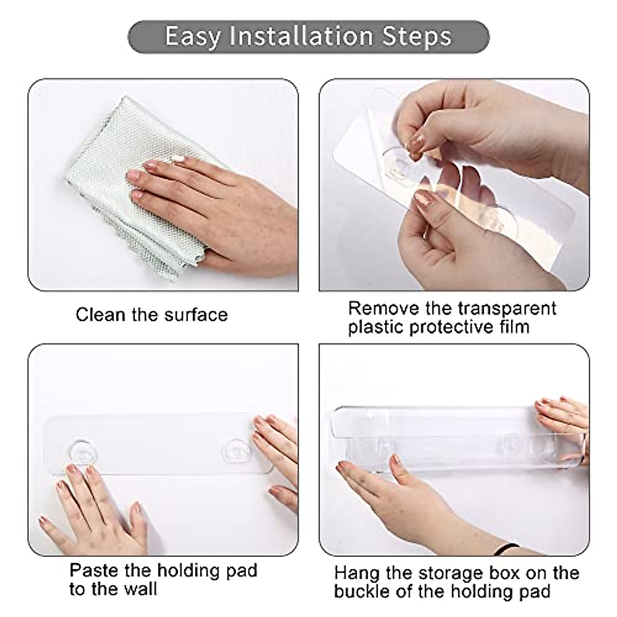 ROSELIFE Sticky Shower Shelf, Sticky Bathroom Basket, Bar Storage Tray, Maxload 13 lb, Punchless, Wall Mounted Storage Saver Rack for Home Kitchen, Bathroom Shower, Clear, Widen