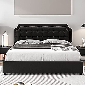 Keyluv King Size Bed Frame with 4 Drawers, Upholstered Platform Storage Bed with Curved Button Tufted Headboard with Nailhead Trim, Solid Wooden Slats Support, No Box Spring Needed, Black