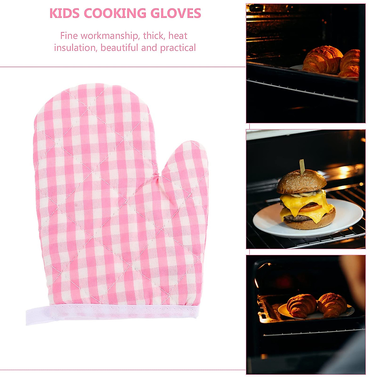 2Pcs Kids Oven Mitts Heat Resistant for Children Play Kitchen, Anti- Scald Gloves Microwave Oven Gloves Kitchen Mitts for Kids Toddler Safe Baking Cooking (Pink Checkered)