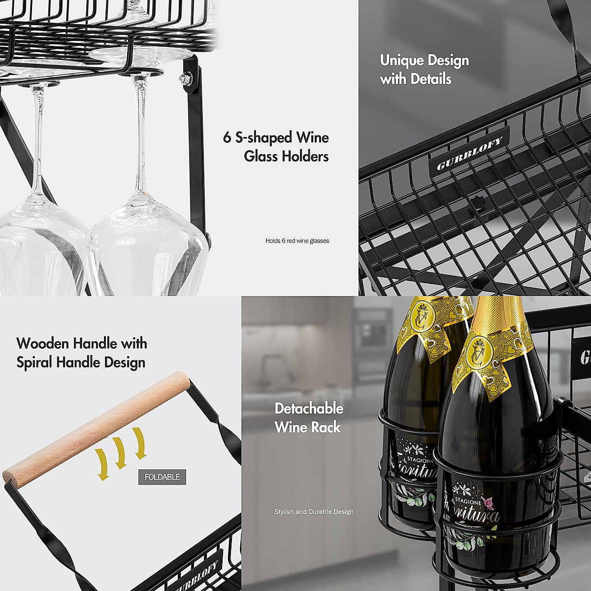 Gurblofy Bar Cart, Foldable Serving Cart for Home, Bar Cart with Wheels, Black Bar Cart with Glass Holder and Wine Rack, Indoor & Outdoor Kitchen, Dining Room, Patio, Party Cart, GBBC-B