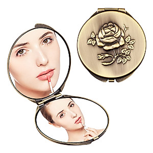 Goshentech Retro Metal Compact Mirror Travel Portable Mirror 1x/2x Magnification Compact &Portable Foldable (Bronze)