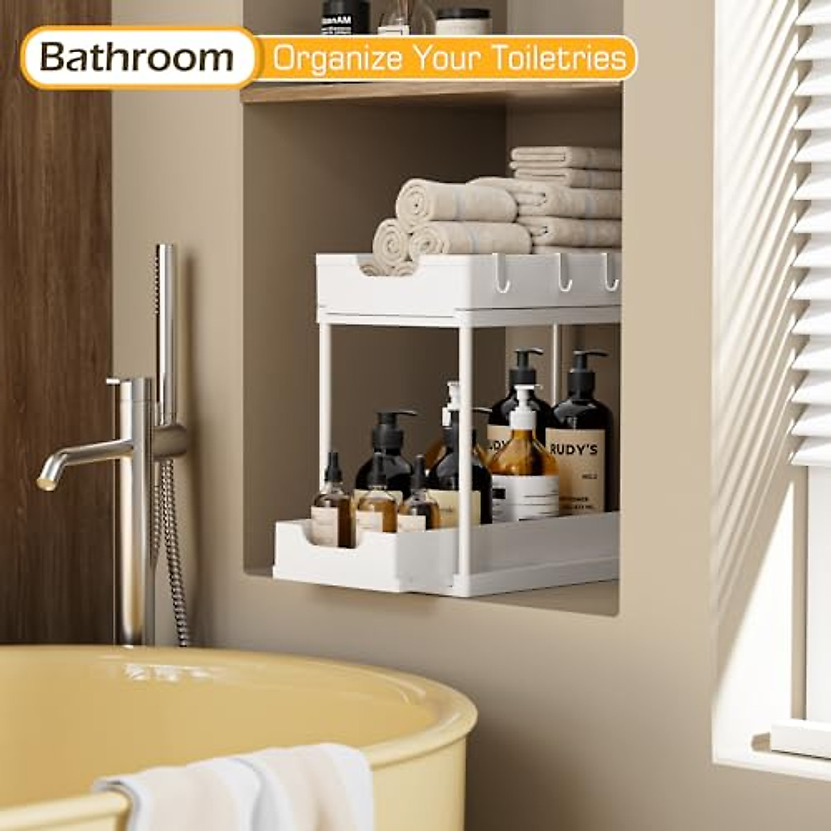 YFXCVSL 2-PACK Pull-Out Under Sink Organizer Double Sliding, 2 Tiers Under Bathroom Cabinet Organization, Kitchen Storage Shelf with Hooks, Sink Organizer, 14.41 “(H) * 8.7 “(W) * 15.6“(L), White