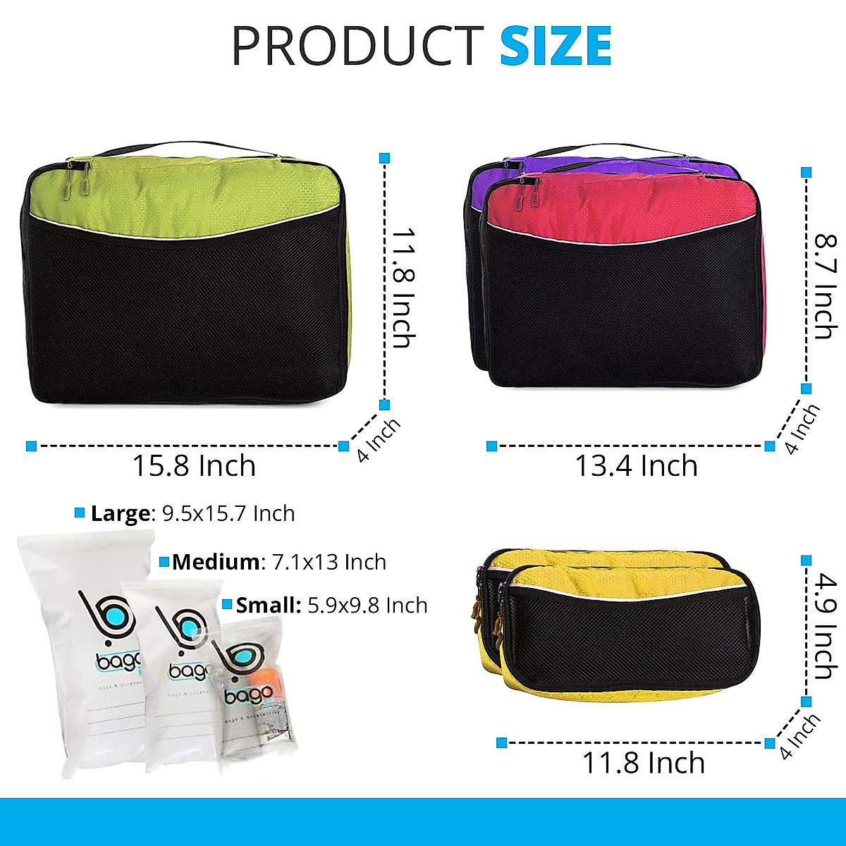 bago 8 Pcs Packing Cubes for Suitcases - 5 Travel Cubes with 3 ZipLock Bags - Luggage Organizer Bags to Get Maximum Storage, Save Time & Effort to Pack - Happy Traveling (Green Red Purple Yellow)