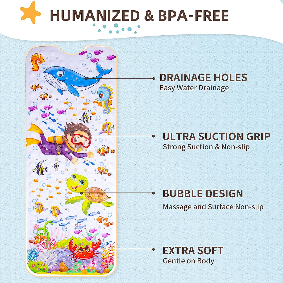 Wimaha Bathtub Mat Non Slip Kids, 40 X 16 Inch BPA Free Baby Bath Mat for Bathroom, Strong Grip Shower Mat Non Slip Bath Tub Mat with Suction Cups & Drain Holes, Machine Washable