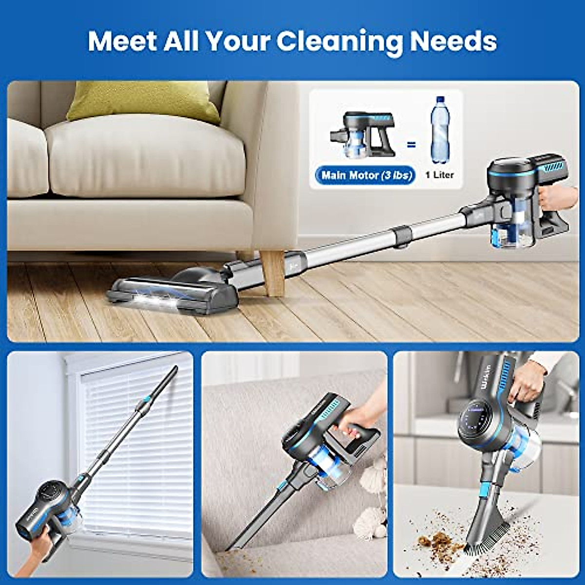 WnkimTech Cordless Vacuum Cleaner, 25Kpa Powerful Stick Vacuum for Hardwood Floor, 45 Min Rechargeable Battery, 6 in 1 Lightweight Upright Vacuum with LED Display for Pet Hair Carpet