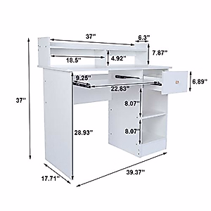 NDGDGA Computer Desk, Modern Laptop Desktop Study Writing Table with Keyboard Tray, Drawer & Shelves for Small Spaces, Home Office PC Laptop Table Wood Workstation (White, 39.3×17.7×37in.)