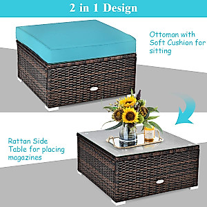 Tangkula 6 Pieces Patio Rattan Sectional Furniture Set, Outdoor Wicker Conversation Set with Glass Coffee Table Sofa Ottoman, Wicker Sofa Set with Back & Seat Cushion for Backyard Garden (Turquoise)